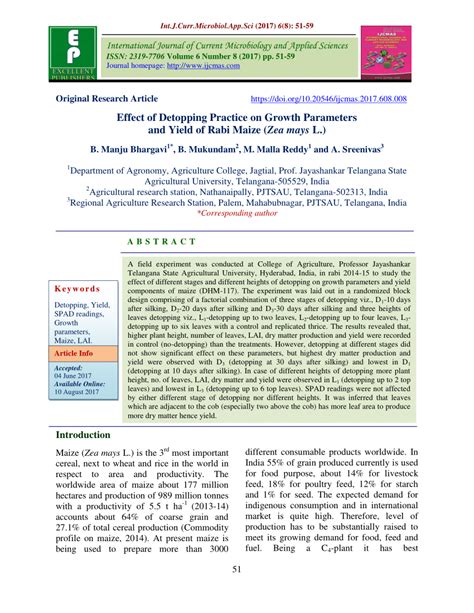 Pdf Effect Of Detopping Practice On Growth Parameters And Yield Of Rabi Maize Zea Mays L
