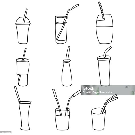 빨대 윤곽선 세트가 있는 안경 다양한 모양과 크기의 음료를 위한 용기 물에 대한 스톡 벡터 아트 및 기타 이미지 물 밀짚
