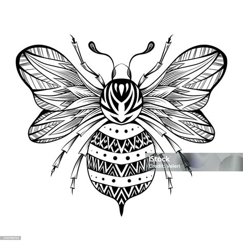 꿀벌 문신의 벡터 그림 추적 장식품이있는 꿀벌의 흑백 그림 보호 장식이있는 날개가있는 곤충 검은색에 대한 스톡 벡터 아트 및