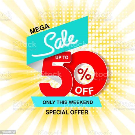 벡터 큰 판매 배너입니다 메가 세일 최대 50 할인 레드 블루 특별 한 제안만이 주말입니다 노란 줄무늬 배경 비즈니스 템플릿 디자인입니다 가격에 대한 스톡 벡터 아트 및