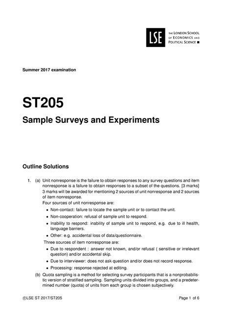 ST Exam Solutions Summer Examination ST Sample Surveys And Experiments Outline