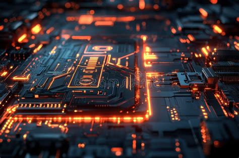 Intricate Circuit Board Illuminated By Glowing Orange Lines In A High Tech Environment Stock