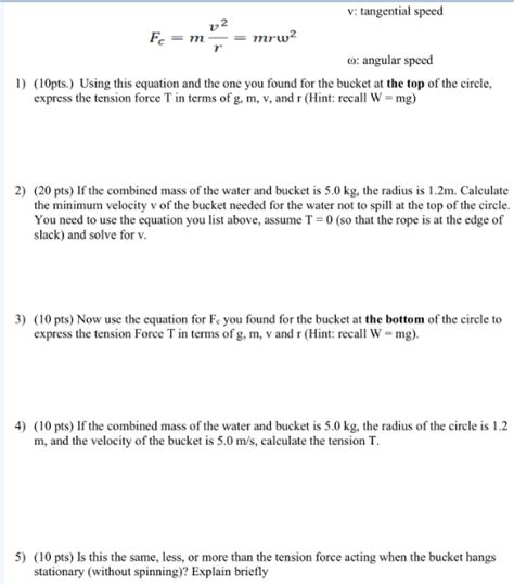 Solved V Tangential Speed V2 Fc M Mrw2 O Angular Speed