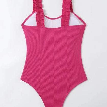Womens Ruffle Strap Ribbed Pink One Piece Swimsuit On Luulla
