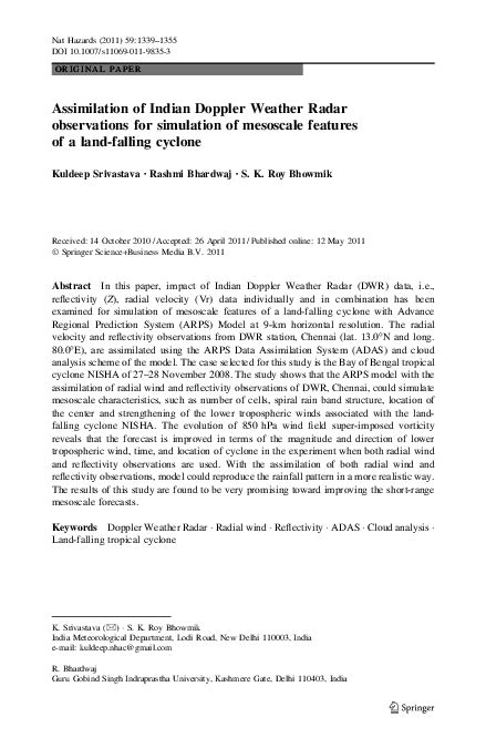 Pdf Assimilation Of Indian Doppler Weather Radar Observations For Simulation Of Mesoscale