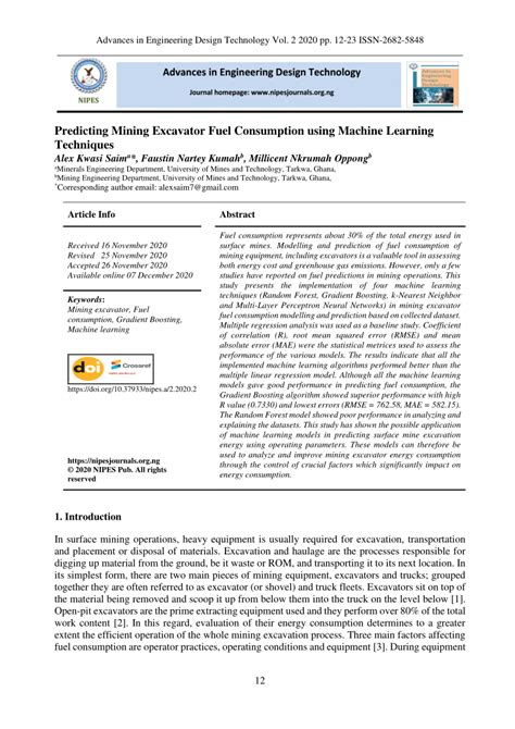 Pdf Predicting Mining Excavator Fuel Consumption Using Machine