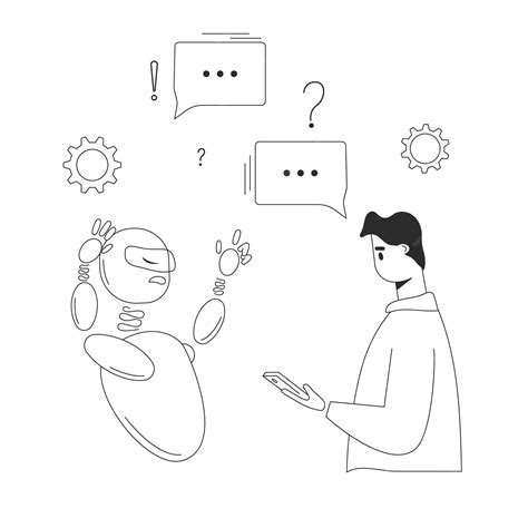 사람이 로봇과 통신합니다 남자는 챗봇을 구성합니다 인공 지능 개념 봇 도우미 벡터 재고 일러스트 흰색 배경에 고립 복사 공간