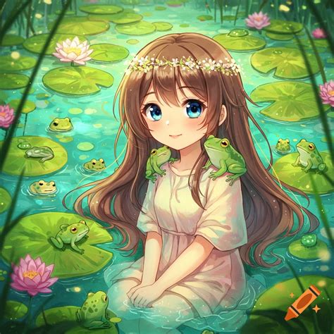 Anime Girl Sitting In A Pond With Frogs And Lily Pads On Craiyon