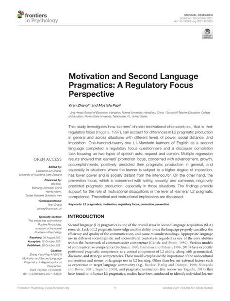 Pdf Motivation And Second Language Pragmatics A Regulatory Focus Perspective