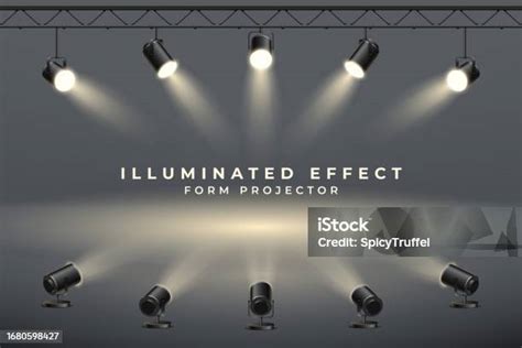스포트라이트 배경 무대 프로젝터 3d 교수형 및 스탠딩 램프 스튜디오 또는 극장을 위한 사실적인 콘서트 효과 투명 빔 복사 공간이 있는 배너입니다 벡터 그림 배경 스포트