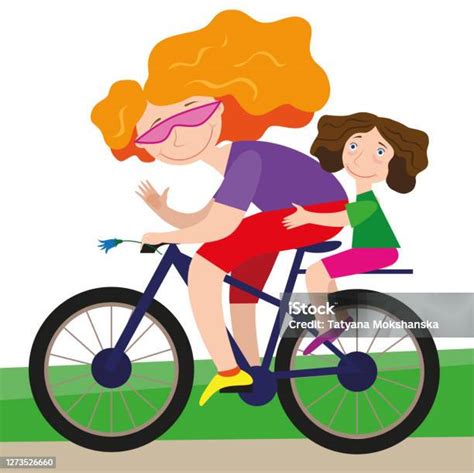 긴 빨간 머리를 가진 젊은 여자는 자전거를 타고 그녀의 뒤에 그녀의 앉아 A 어린 소녀 건강한 생활방식에 대한 스톡 벡터 아트 및 기타 이미지 건강한 생활방식 교통수단