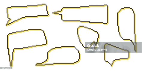 픽셀 말풍선 컬렉션 차트 대화 상자입니다 레트로 게임 8비트 라인 텍스트 상자입니다 노란색 검은색 및 흰색 빈 픽셀화된 메시지