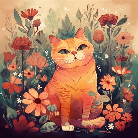 Premium Photo A Drawing Of A Cat Sitting In A Field Of Flowers