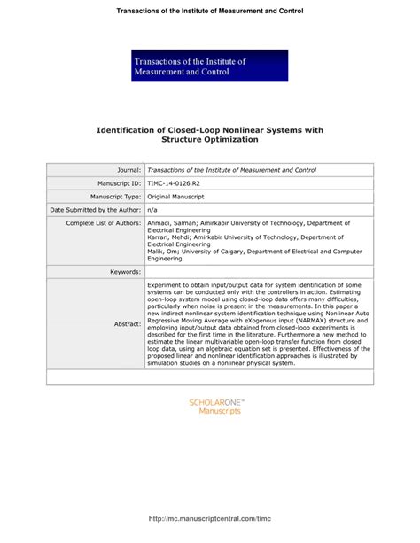 Pdf Identification Of Closed Loop Non Linear Systems With Structure