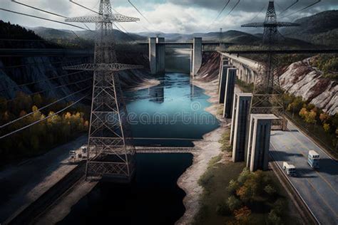 View From Height On Hydroelectric Power Station Neural Network Ai Generated Stock Illustration
