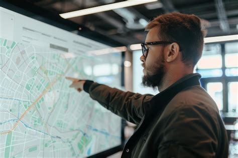 A Man In A Dark Shirt Points At A Digital Map Screen Deeply Focused On Geographic Data Analysis