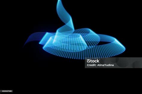 파란색 빛의 네온 웨이브는 소용돌이 또는 깔때기로 검은 배경에 점선 줄무늬가 있습니다 움직이는 흐르는 선이 있는 추상적인 배경 증기 파동 스타일의 가벼운 그림 0명에 대한