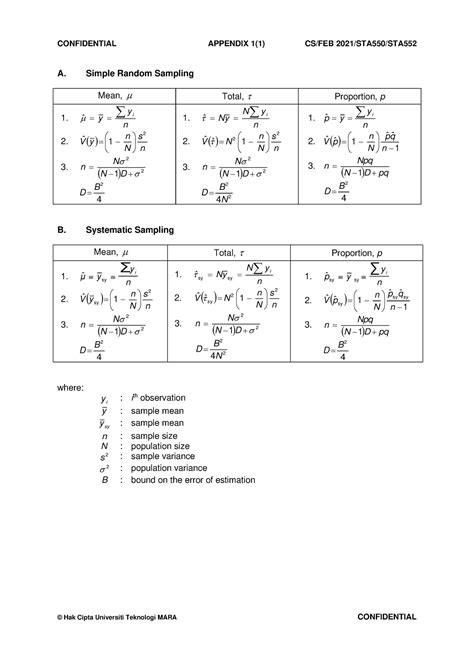 Appendix formula noted A Simple Random Sampling Mean Total ô Proportion p n y y õ i ˆ