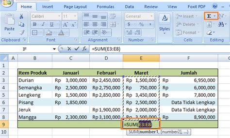 Fungsi SUM Dan Rumus Penjumlahan Pada Excel