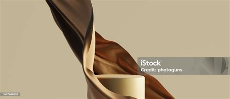 베이지색 배경에 비행 중성 색상의 실크 천 커튼이 있는 제품 디스플레이 연단 받침대가 있는 3d 렌더링 화장품 프레젠테이션을 나타냅니다 받침대에 대한 스톡 사진 및 기타