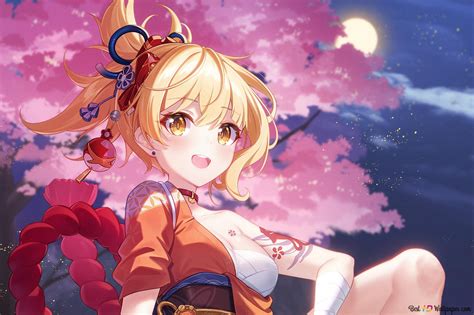 Anime Girl Yoimiya Pretty Golden Eyes Genshin Impact Hd Wallpaper