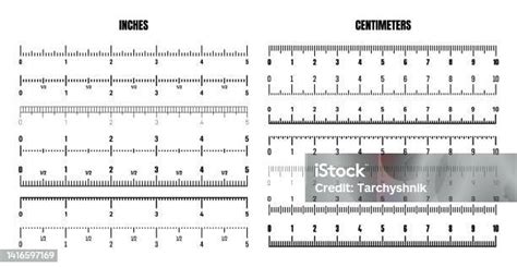 길이 또는 높이를 측정하기위한 사실적인 검은 센티미터와 인치 스케일 분할이 있는 다양한 측정 스케일 눈금자 테이프 측정 표시