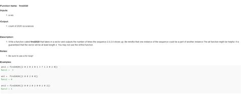 Solved Function Name Find 2020 Inputs 1 A Vec Output 1