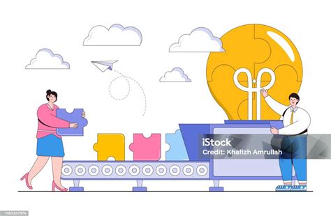 브레인스토밍 새로운 솔루션 개념 찾기 및 생성 기계를 사용하는 사업가 캐릭터는 전구의 성숙한 아이디어 형태에 있습니다 랜딩