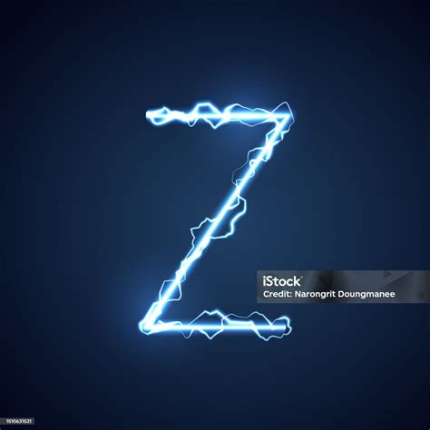 파란색 번개 스타일 문자 또는 알파벳 Z 번개 및 천둥 번개 또는 전기 글꼴 파란색 배경에 광선 및 반짝임 효과 벡터 디자인 개념에 대한 스톡 벡터 아트 및 기타 이미지