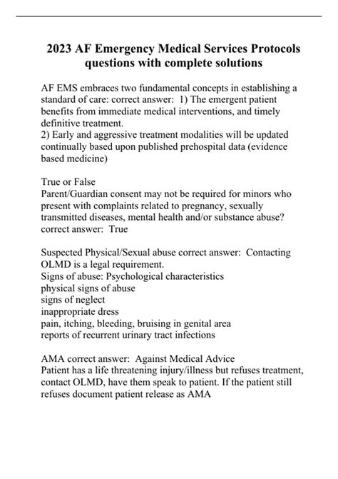 2023 Af Emergency Medical Services Protocols Questions With Complete Solutions Ems Protocols