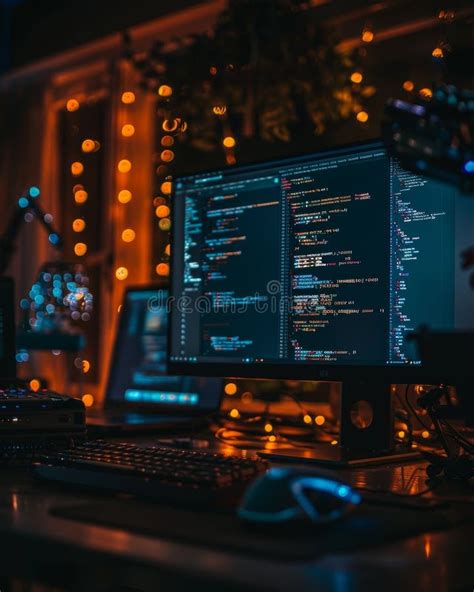 cozy programmer workspace with multiple screens displaying code warm