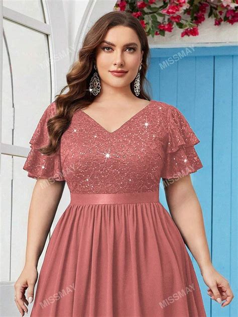 Plus V Neck Sequin Lace Flounce Sleeve Contrast Chiffon Evening Party