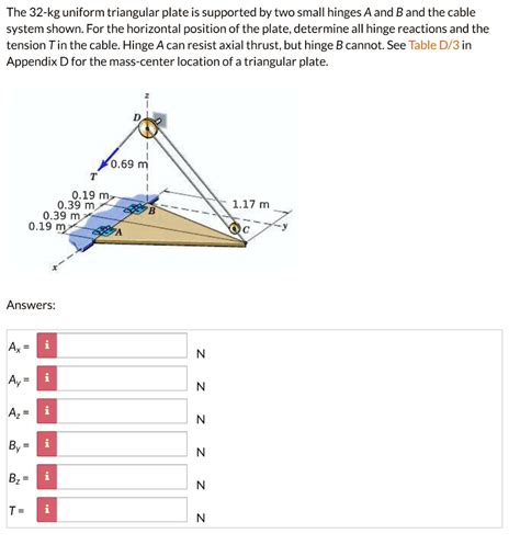 Solved The 32 Kg Uniform Triangular Plate Is Supported By Two Small