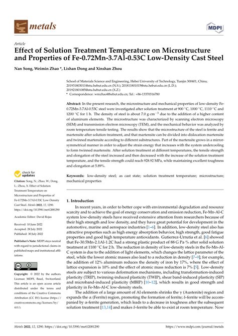 Pdf Effect Of Solution Treatment Temperature On Microstructure And Properties Of Fe 0 72mn 3