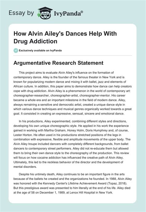 How Alvin Aileys Dances Help With Drug Addiction 1289 Words Essay