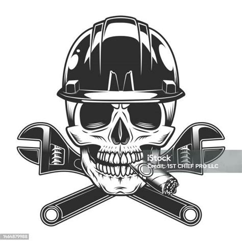 빌더 두개골 연기 담배 시가 또는 담배 연기 하드 모자와 교차 배관 렌치 비즈니스 신축 및 리모델링 집 빈티지 스타일 그림 Diy에 대한 스톡 벡터 아트 및 기타 이미지