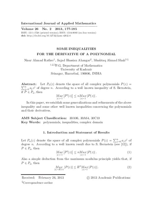 Pdf Some Inequalities For The Derivative Of A Polynomial