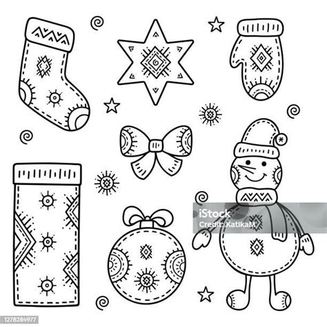 크리스마스와 새해 인사말 휴일 기호로 만든 장식 패턴세트 눈사람 선물 사슴 공 스타킹 종소리 눈송이 및 기타 표지판 색칠 공부 책 페이지 색칠하기에 대한 스톡 벡터 아트 및