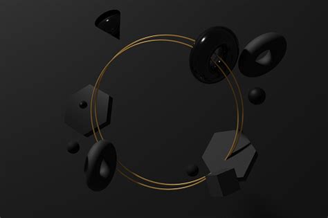 황금 반지 프레임과 같은 검은 비행 기하학적 모양의 3d 렌더링 육각 구체 콘과 도넛 3차원 형태에 대한 스톡 사진 및 기타 이미지 3차원 형태 검은색 구 Istock