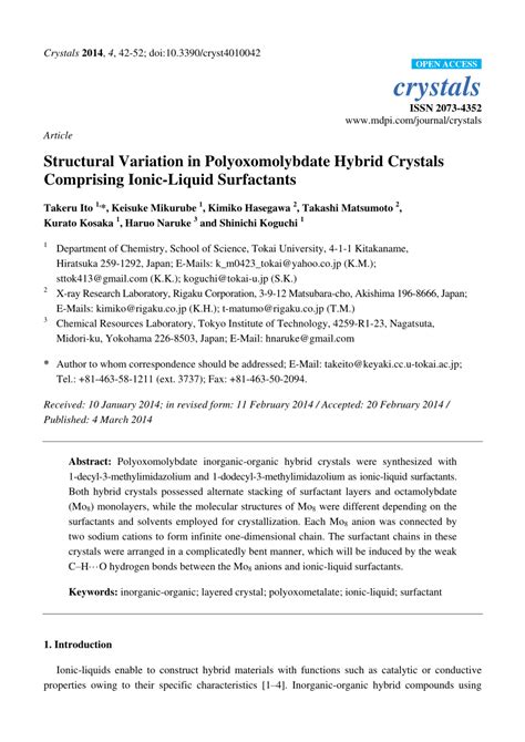 Pdf Structural Variation In Polyoxomolybdate Hybrid Crystals Comprising Ionic Liquid Surfactants