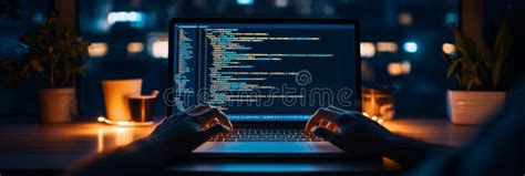 Hands On A Laptop Keyboard With Code On The Screen In A Dimly Lit Workspace Concept Of Coding