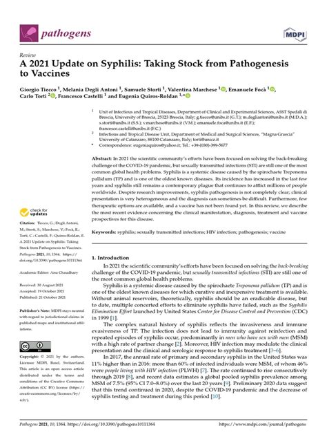 Pathogens A 2021 Update On Syphilis Taking Stock From Pathogenesis To