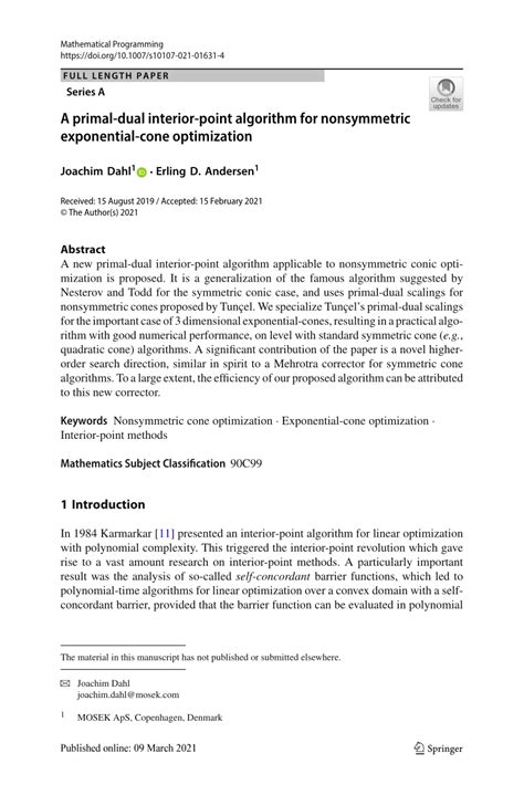 PDF A Primal Dual Interior Point Algorithm For Nonsymmetric Exponential Cone Optimization