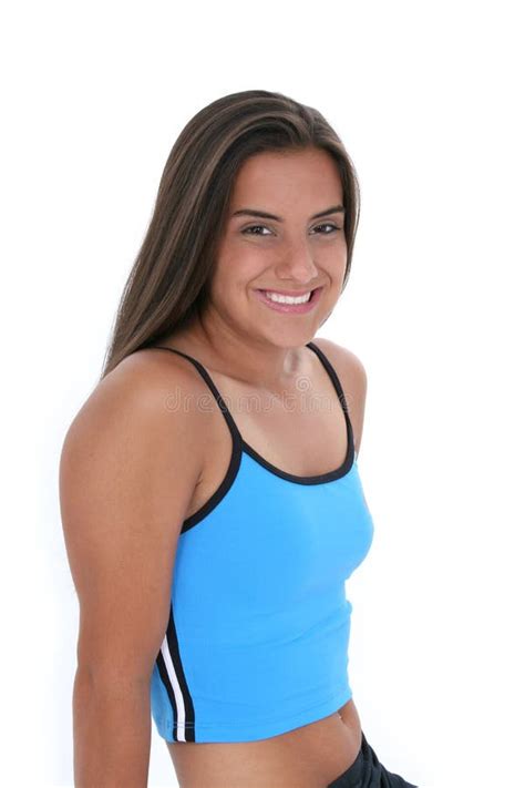 Bella Ragazza Teenager In Vestiti Di Allenamento Con Capelli Neri Lunghi Fotografia Stock