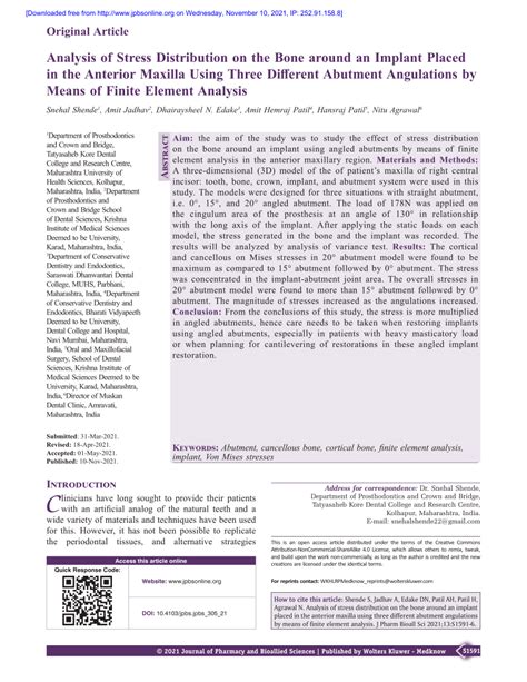 Pdf Analysis Of Stress Distribution On The Bone Around An Implant Placed In The Anterior