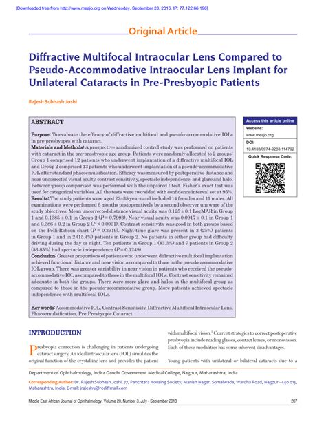 Pdf Diffractive Multifocal Intraocular Lens Compared To Pseudo Accommodative Intraocular Lens