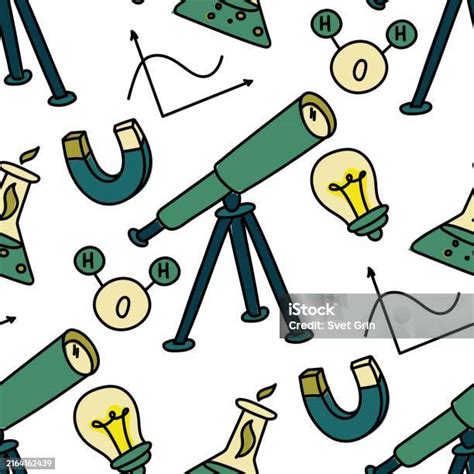 자연 과학 분야의 배지가 있는 완벽한 패턴 화학 생물학 물리학 다양한 실험을 보여주는 실험실 유리 제품 전구 망원경 자석 수식 Championship에 대한 스톡 벡터 아트