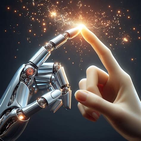 Artificial Intelligence Robot Finger Touching Human Finger Premium Ai Generated Image