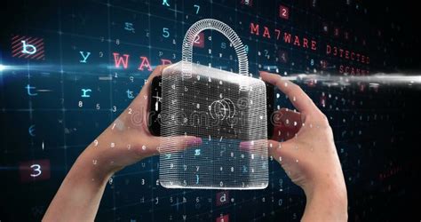 Holding Digital Lock With Binary Code Hands Emphasizing Cybersecurity Concept Stock