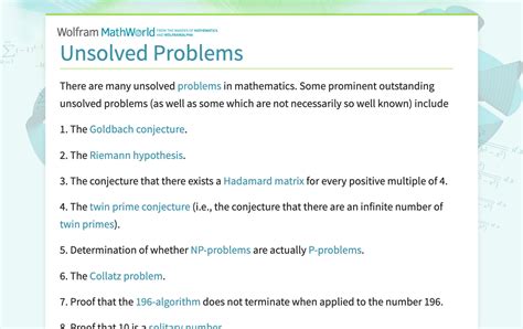 Unsolved Problems From Wolfram Mathworld Unsolved Problems From Wolfram Mathworld